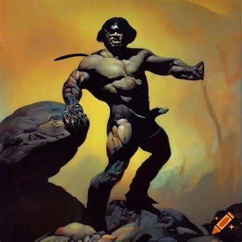 Muscled Man In Neoprene Suit Posing On A Rock In The Style Of Frank