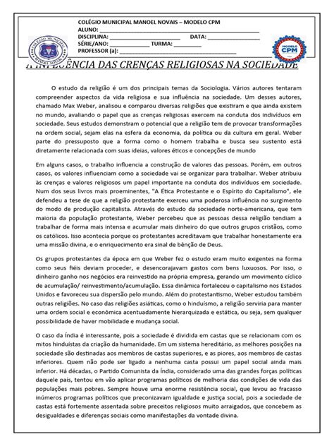 Atividade Crenças Religiosas E Filosofias De Vida Pdf Max Weber
