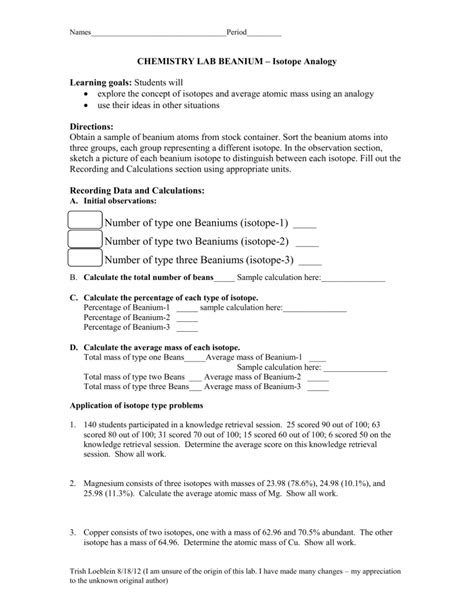 Beanium Isotope Lab Worksheet Chemistry