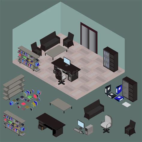 isometric work place with set of objects stock vector illustration of