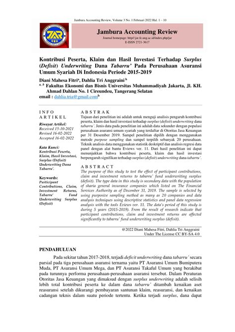 Pdf Kontribusi Peserta Klaim Dan Hasil Investasi Terhadap Surplus