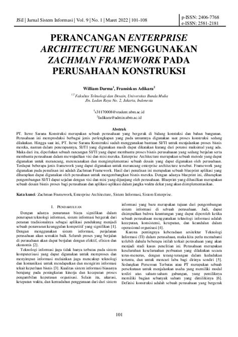 Pdf Perancangan Enterprise Architecture Menggunakan Zachman Framework Pada Perusahaan Konstruksi