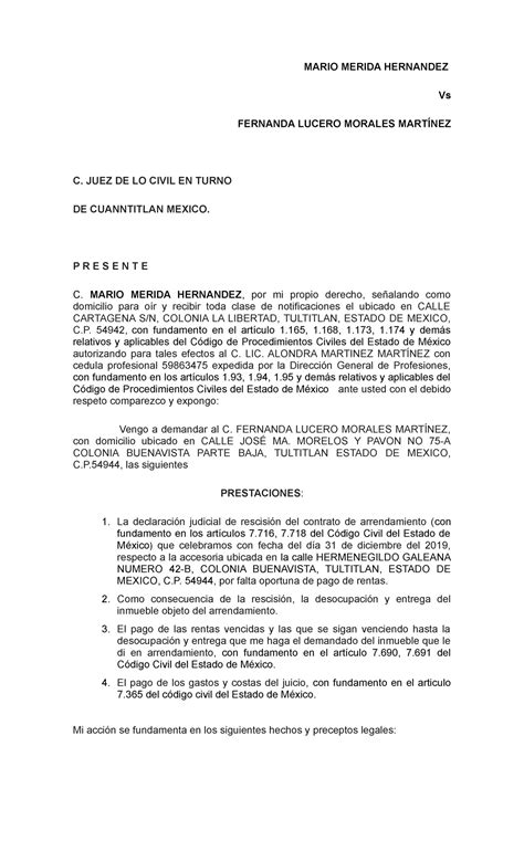 Demanda De Rescisión De Contrato De Arrendamiento De Local Comercial
