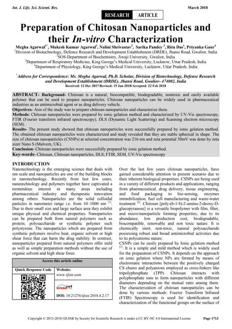 Preparation Of Chitosan Nanoparticles And Their In Vitro Characterization Pdf