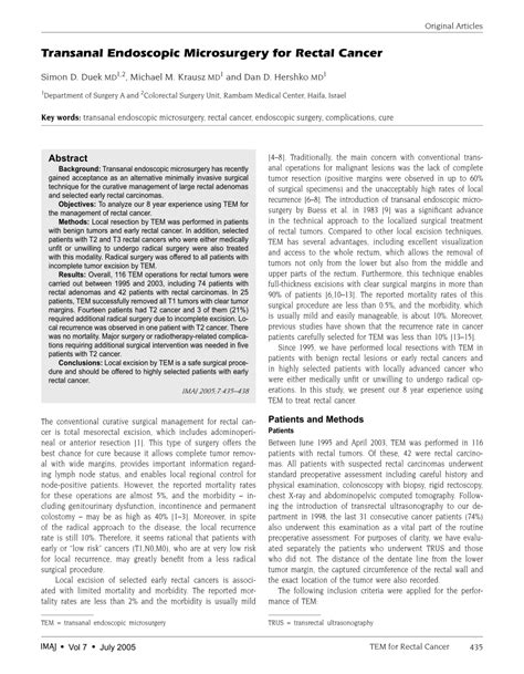 Pdf Transanal Endoscopic Microsurgery For Rectal Cancer