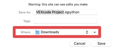Saving A VEXcode IQ Python Project On MacOS VEX Library