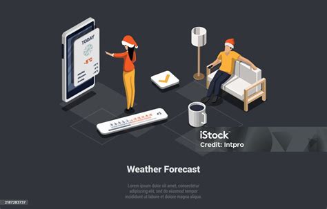 요일마다 일기 예보의 개념 집에서 스마트 폰 화면으로보고있는 남자와 여자 다가오는 날과 월의 일기 예보 아이소 메트릭 3d 벡터 일러스트 레이 션 3차원 형태에 대한 스톡