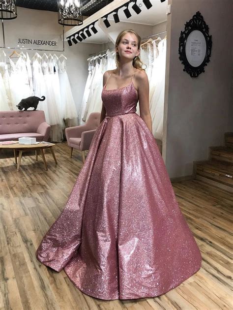 A Line Scoop Spaghetti Straps Sparkle Prom Dress With Pockets Jkq108