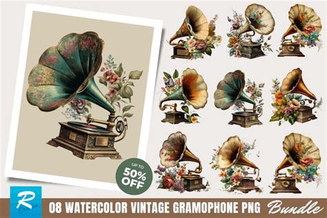 Watercolor Vintage Gramophone Clipart Bundle