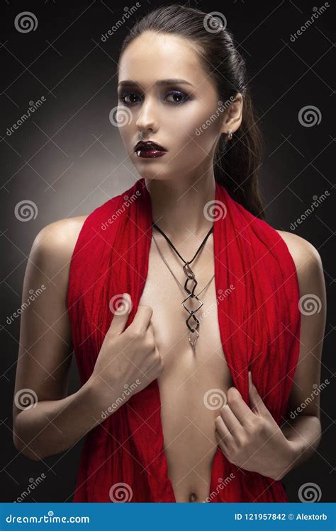 Beautiful Brunette Topless Girl Model Covering Her Naked Breast Stock