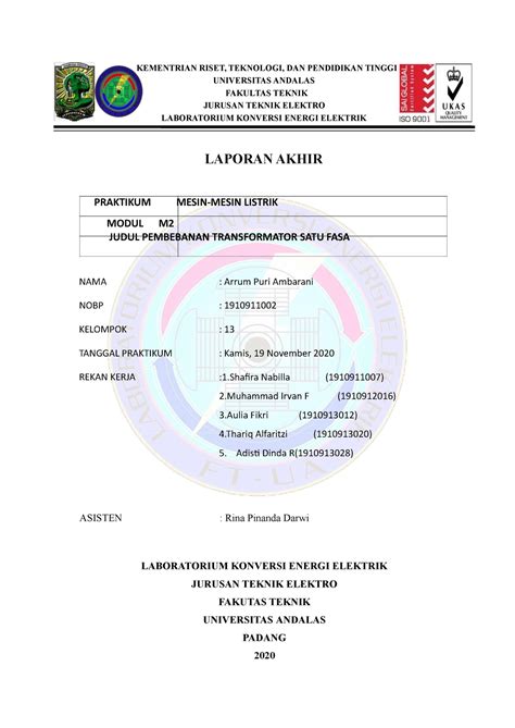 Laporan Praktikum Pembebanan Transformator Satu Fasa Praktikum Mesin