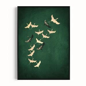 Green And Gold Japanese Wall Art Cranes Japanese Print Emerald Green Decor Maximalist Wall