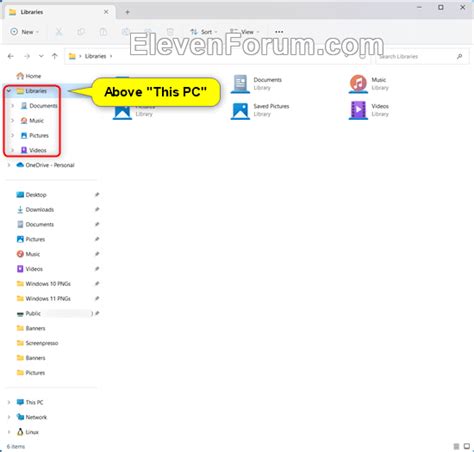 move libraries above or below this pc in navigation pane in windows 11