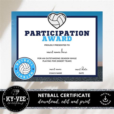 Netball Certificate Template Instant Download Printable Participation