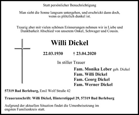 Traueranzeigen Von Willi Dickel Trauer In Nrw De