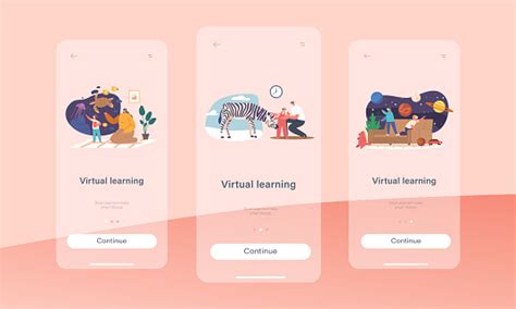 เทมเพลตหน้าจอ Onboard หน้าแอพมือถือการเรียนรู้เสมือนจริง ตัวละครเด็กและผู้ปกครองสวมแว่นตา Vr ใ