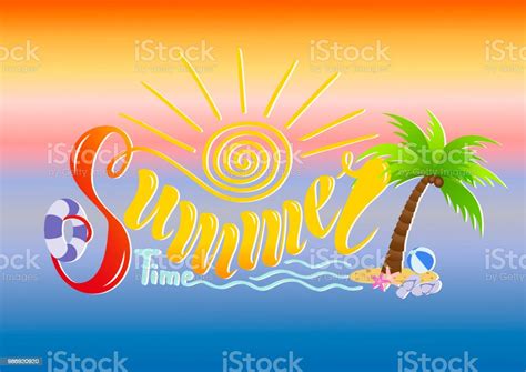 여름 시간 아름 다운 필기 텍스트입니다 그림에 배경 질감된 개체 태양 바다 파도의 와 야자수 생활 반지 불가사리 두 드림 엽서