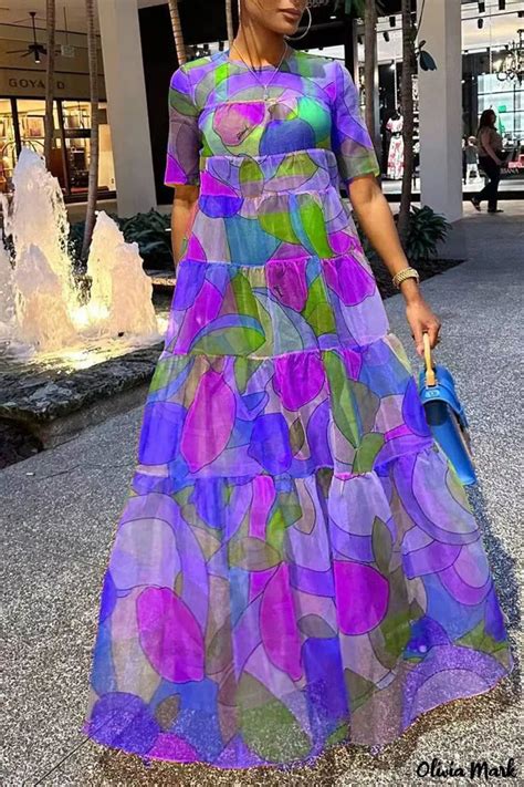 Olivia Mark Womens Casual Print Patchwork O Neck Straight Dresses In