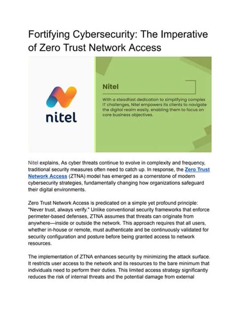 Fortifying Cybersecurity The Imperative Of Zero Trust Network Access Pdf Information And