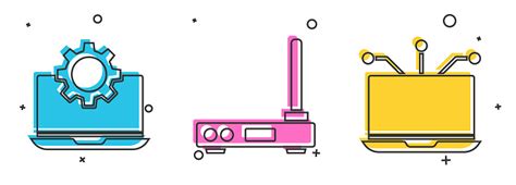 랩톱 과 기어 라우터 와이파이 신호와 노트북 아이콘을 설정합니다 벡터 공란에 대한 스톡 벡터 아트 및 기타 이미지 공란 기어 기계 부분 노트북 Istock