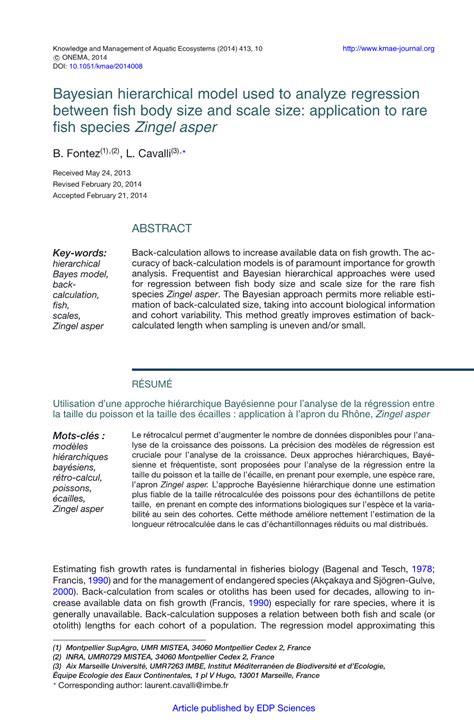 Bayesian Hierarchical Model Used To Analyze Regression Between ﬁsh Body Size And Scale Size