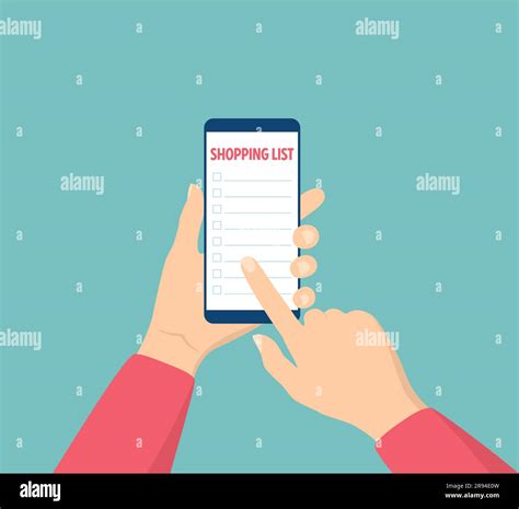 Hands Holding Smartphone With Shopping List On Screen Flat Vector Illustration Stock Vector