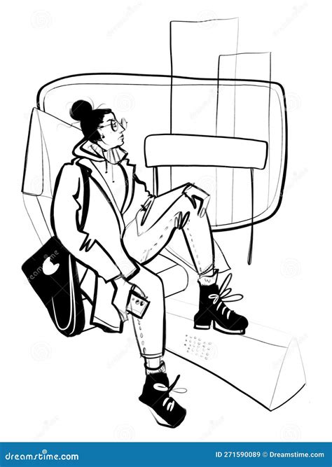 Illustration Cartoon Style Magazine Sketch Pensive Girl Rides The