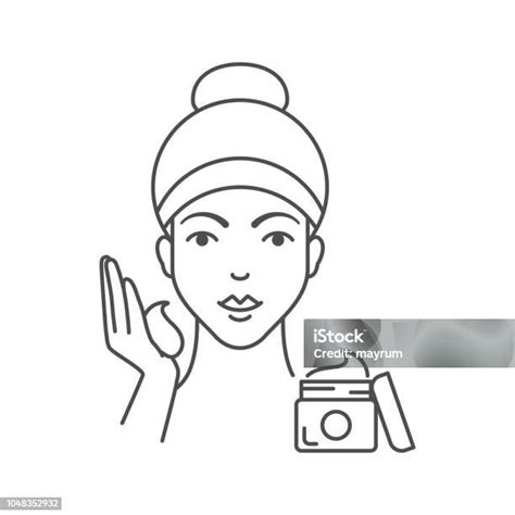 벡터 일러스트 레이 션의 여자는 얼굴 크림 로션을 적용 하 고 깨끗한에 대한 스톡 벡터 아트 및 기타 이미지 깨끗한 노화