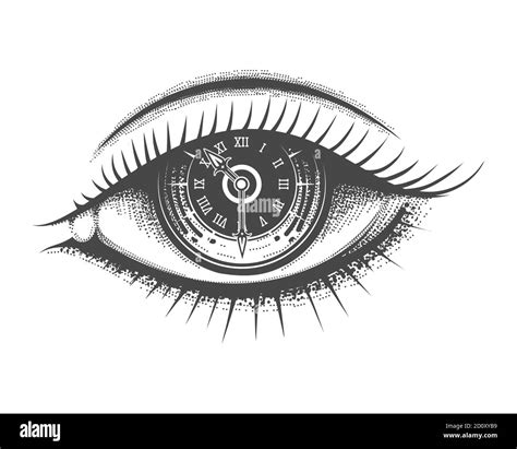 Hand Drawn Human Eye With Clock Face Inside Pupil Vector Illustration