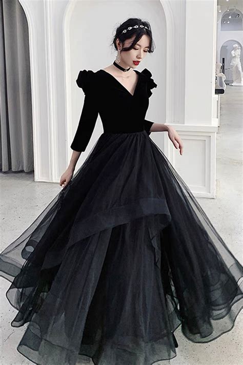Black A Line Long Sleeve Prom Dress Black V Neck Evening Dress