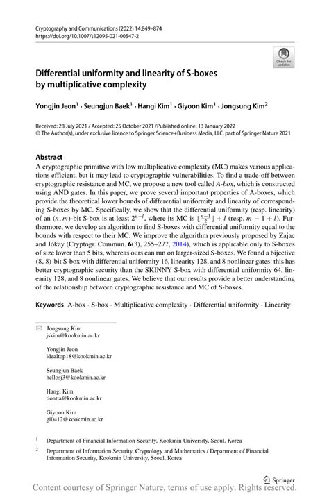 Differential Uniformity And Linearity Of S Boxes By Multiplicative Complexity Request Pdf