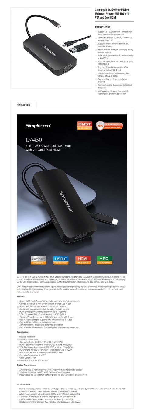 simplecom 5 in 1 usb c multiport adapter mst hub with vga and dual hdmi