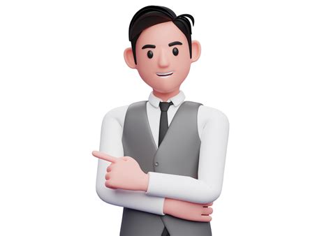Businessman In Gray Vest Suit Pointing To The Left And Hand Crossed On Chest 3D Illustration Of