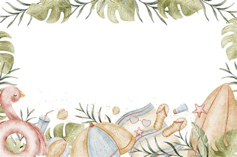 수채화 프레임 플라밍고 몬스테라 잎 야자수 휴식 여행을위한 해변 액세서리 일러스트 레이 션 손으로 그린 디자인 템플릿 초대장 포스터 축하 포장 사각형 0명에 대한 스톡 벡터