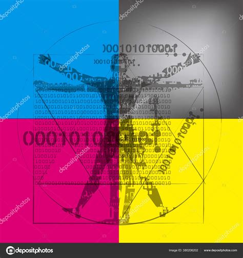 vitruvian man binary codes cmyk colors background futuristic expressive