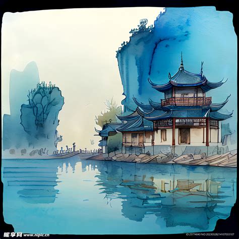 国风蓝色水墨建筑设计图 绘画书法 文化艺术 设计图库 昵图网