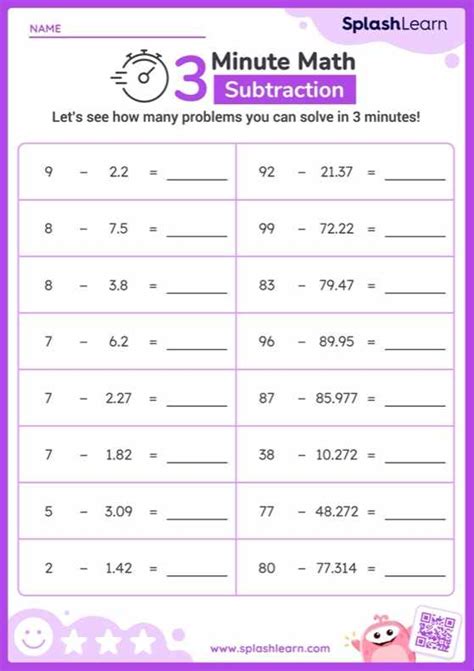 Subtract Whole Number And Decimal Horizontal Timed Practice
