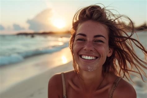 Premium Photo Beach Smiling Woman Travel Generate Ai