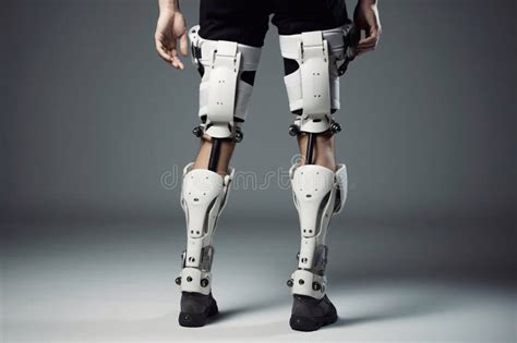 Legs Of Man In The Robotic Exoskeleton Walking Through The Corridor Of