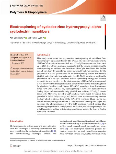 Electrospinning Of Cyclodextrins Hydroxypropyl Alpha Cyclodextrin Nanofibers Request Pdf