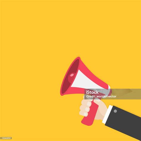 사업가 손을 잡고 확성기 스피커 스피커 아이콘입니다 알림 기호 기호입니다 평면 디자인입니다 붉은 색입니다 오른쪽 모서리 템플릿입니다 흰색 배경입니다 격리 개념에 대한 스톡