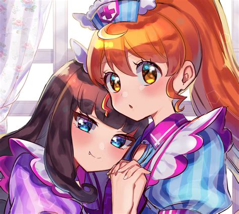 Safebooru 2girls Blue Eyes Curtains Fang Hairband Hat Highres Holding
