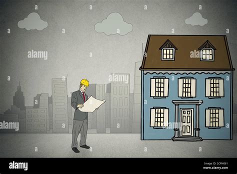 Image Of Man Engineer In Helmet With Drafts Construction Concept Stock Photo Alamy