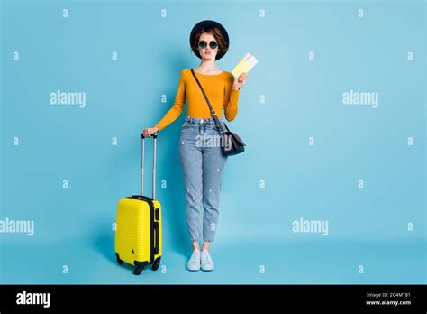 Full Length Body Size Photo Of Girl Keeping Documents Luggage In