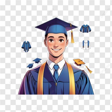 졸업식 가운과 모자 미소 자랑스러운 얼굴 화려한 그림 의상을 입은 전통적인 중앙 인물 졸업 가운과 모자 다채로운 그림 졸업 복장 Png 일러스트 및 이미지 에 대한