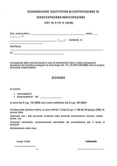 Dichiarazione Sostitutiva Di Certificazione Di Disoccupazione