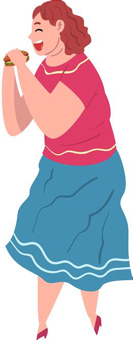 쾌활한 통통한 여자 먹는 햄버거 플러스 크기 여자 에 캐주얼 옷 즐기는 의 패스트 푸드 접시 건강에 해로운 라이프 스타일 벡터 일러스트 가공의 인물에 대한 스톡 벡터 아트