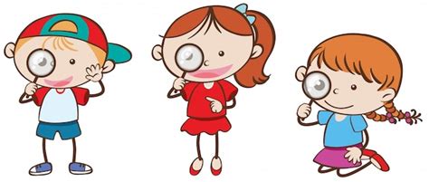 Niño y niñas con lupa Vector Premium