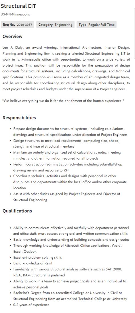 Job Posting Leo A Daly Structural Eit Cege Undergrad Advising