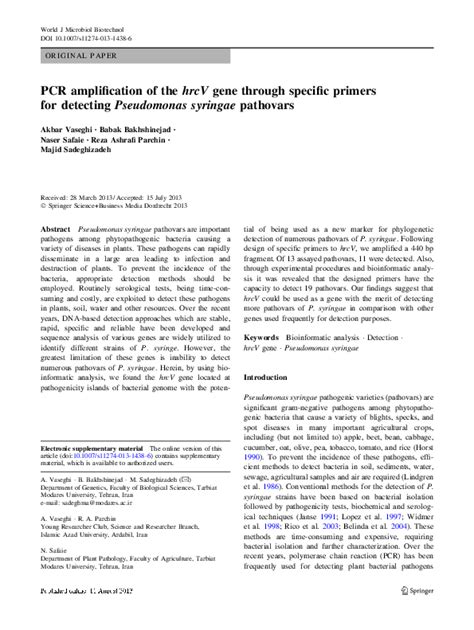 Pdf Pcr Amplification Of The Hrcv Gene Through Specific Primers For Detecting Pseudomonas